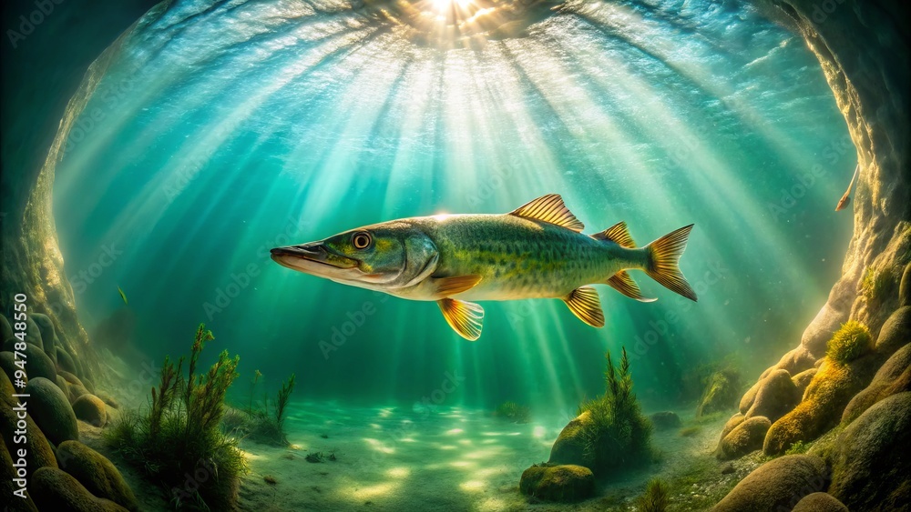 Muskellunge's emerald body rises, sunlight dancing across ripples ...