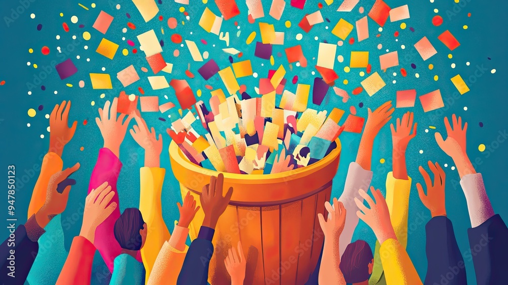 85. Illustration of a multicultural raffle event with a giant lottery ...