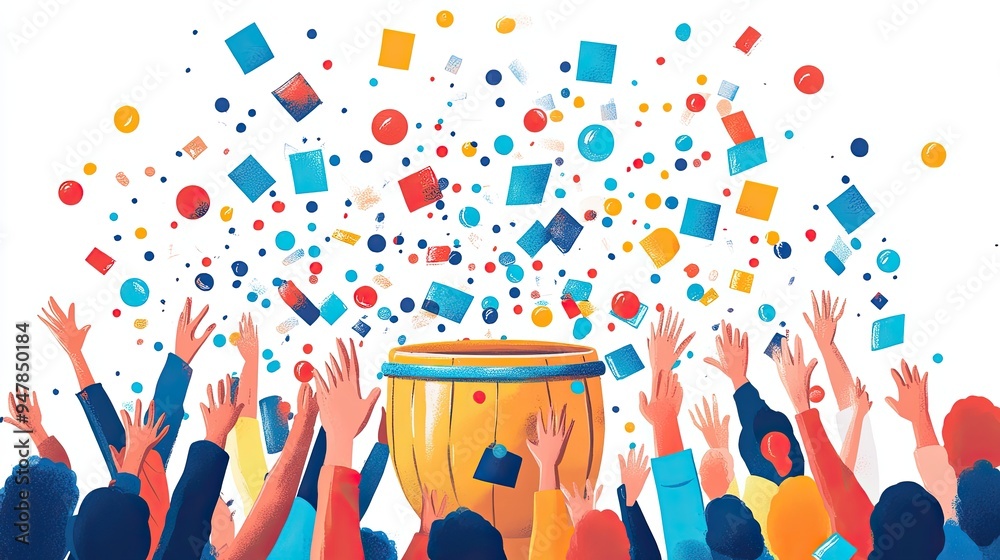85. Illustration of a multicultural raffle event with a giant lottery ...
