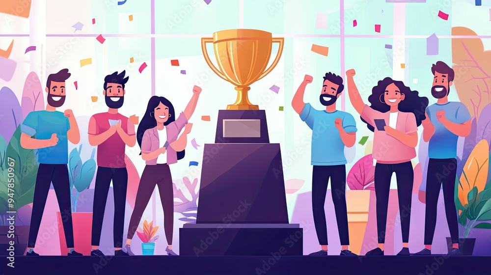 76. Cartoon-style image of a best performer award ceremony in a ...