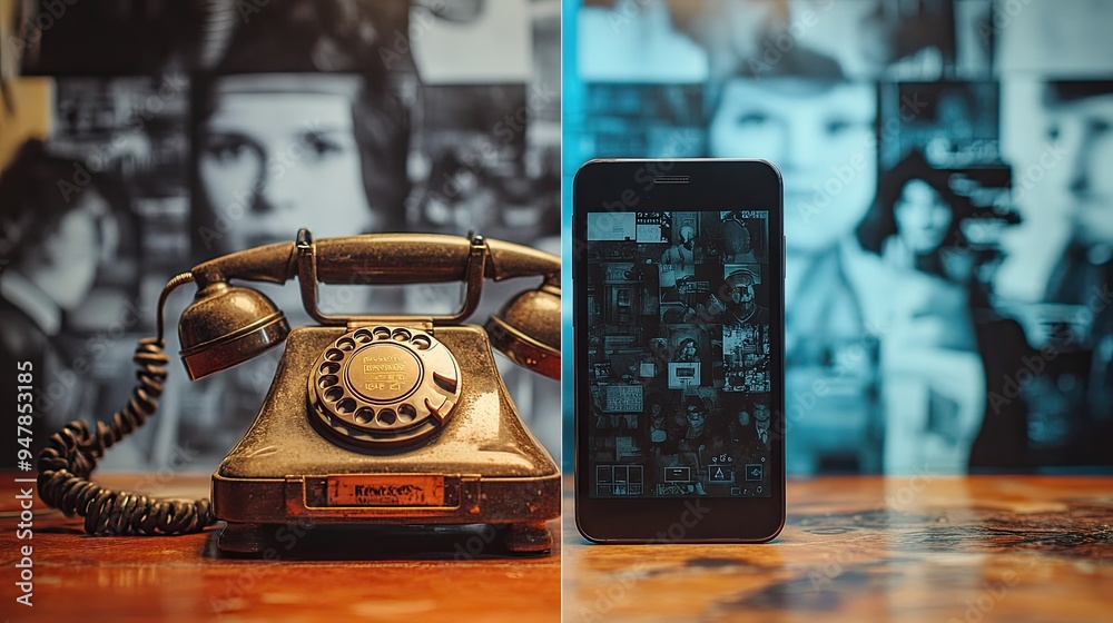 19. Image of a split screen showing a vintage telephone on one side and ...