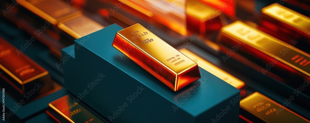 Gold bullion bars in a display case, highlighting their purity, gold ...