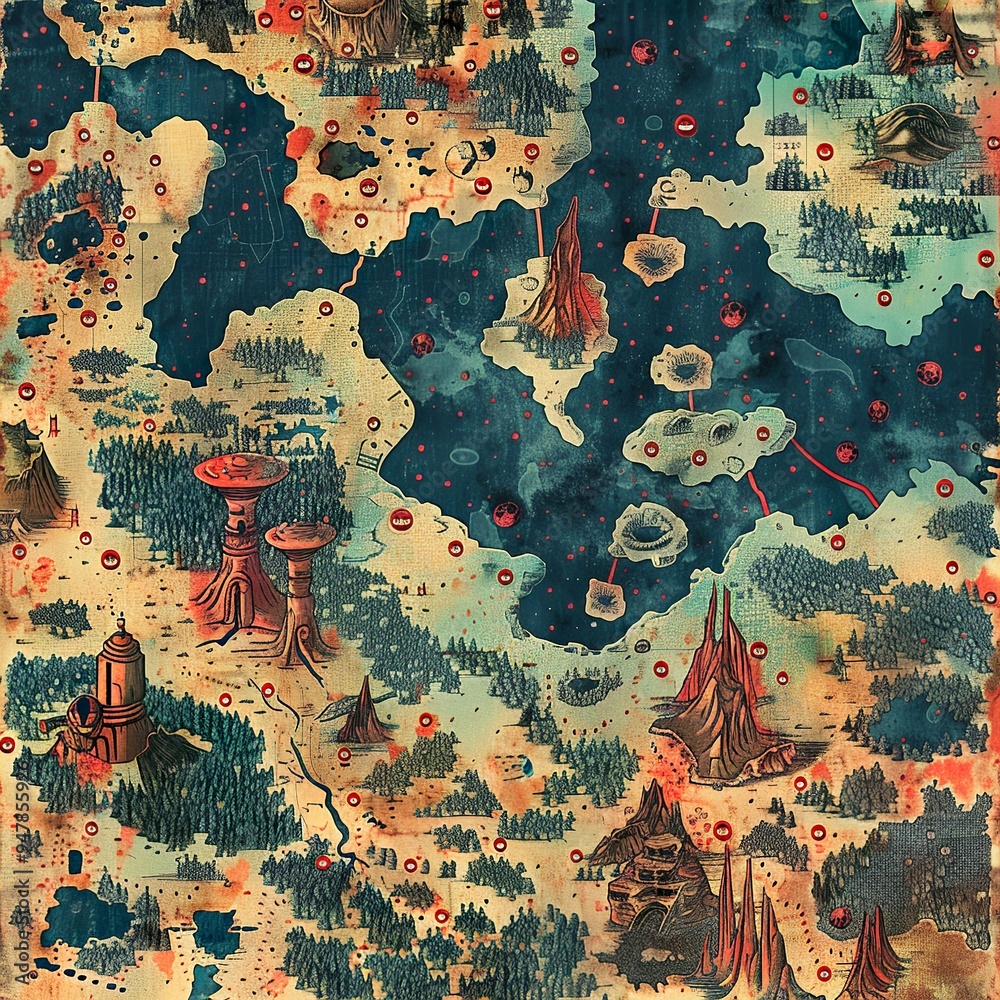 Victorian style vintage sci-fi map on worn paper texture and retro ...