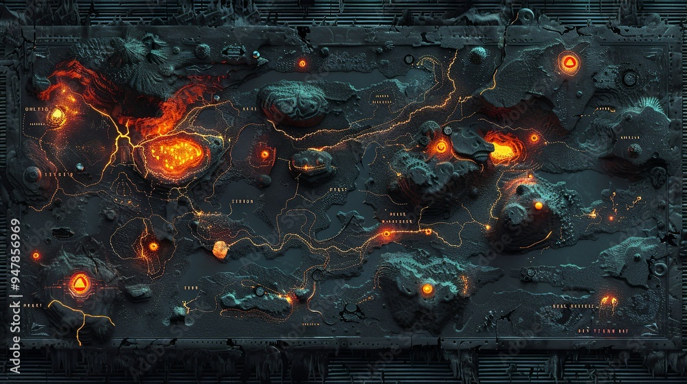 Retro sci-fi planet map old cartography vintage design with mountains ...