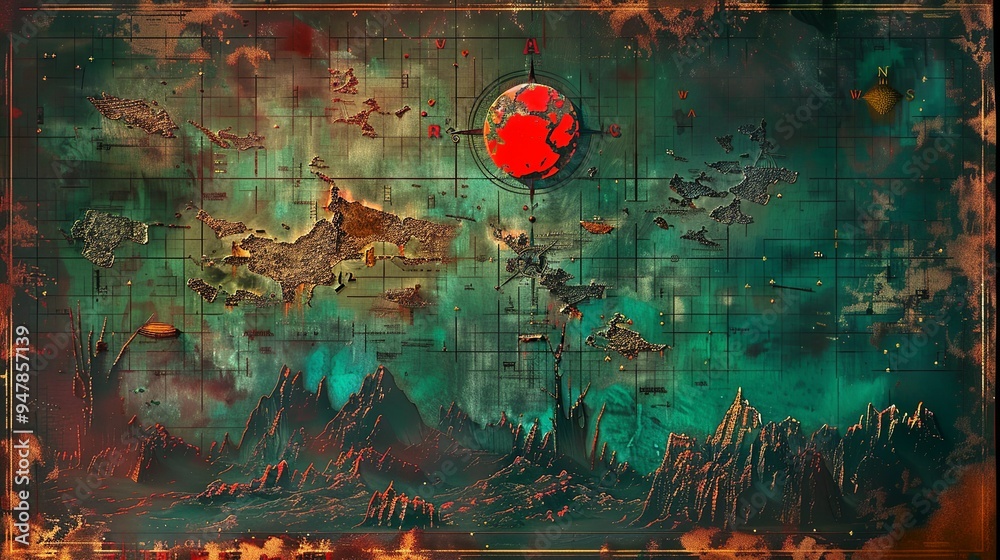 Retro sci-fi planet map old cartography vintage design with mountains ...