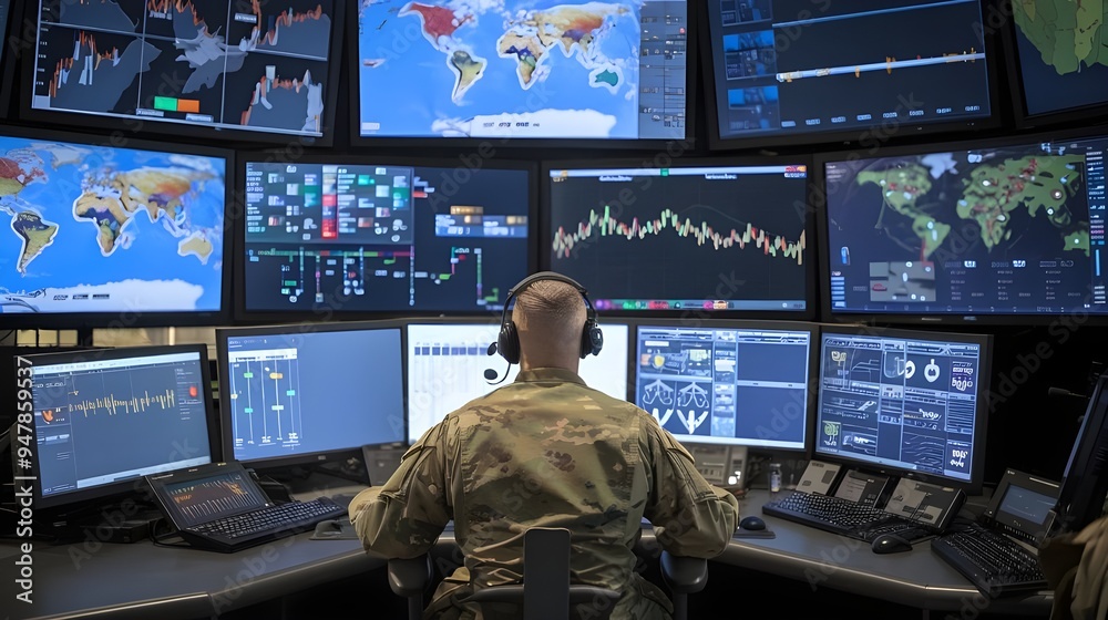 Soldier in Military Control Room with Headphones and Laptop, Military ...