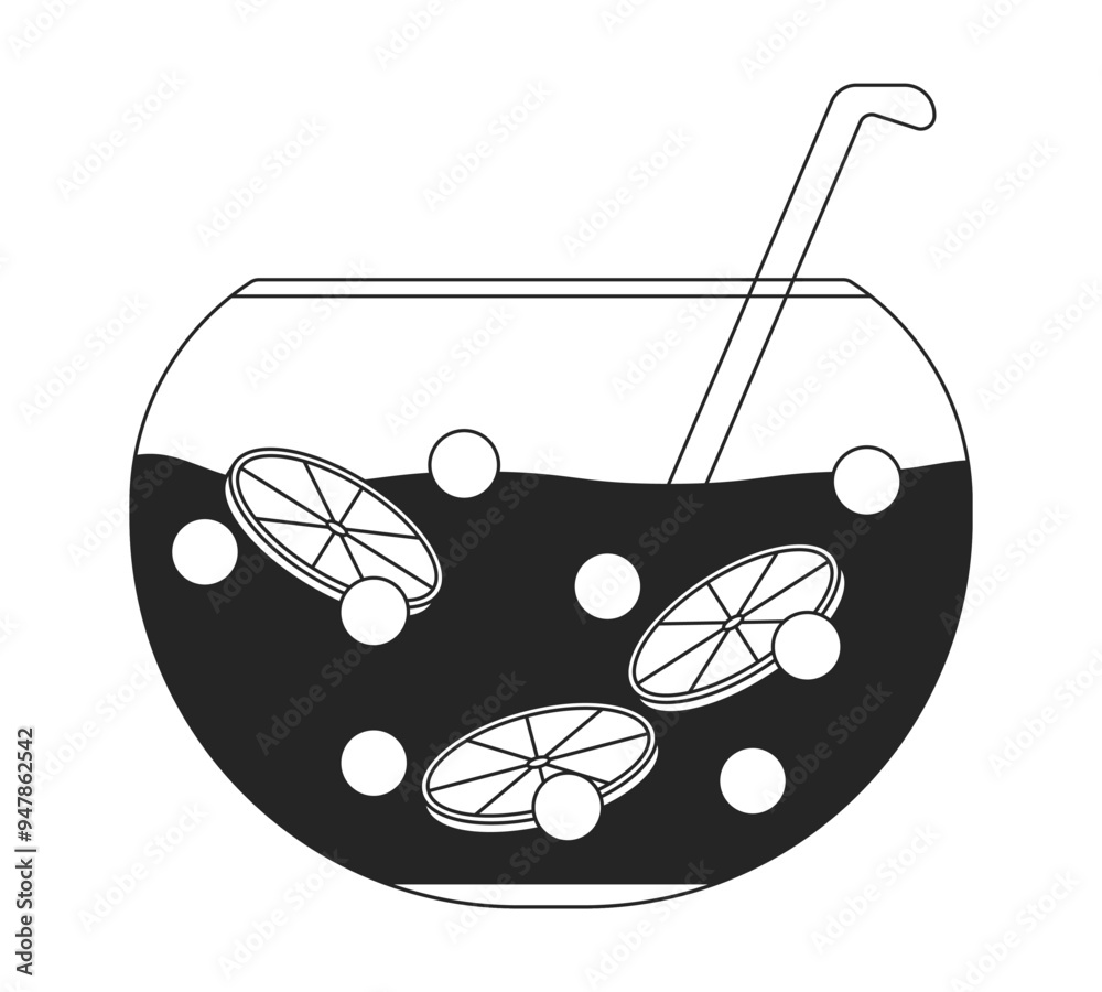 Glass punch bowl with ladle black and white 2D line object. Citrus ...