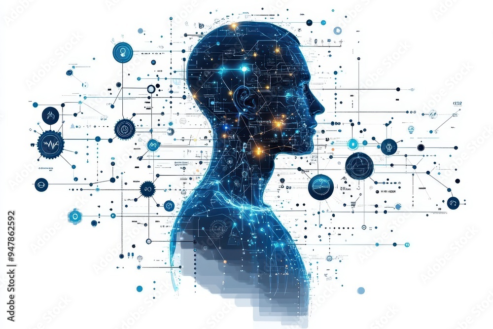 medical infographic with interconnected gears stylized human silhouette ...