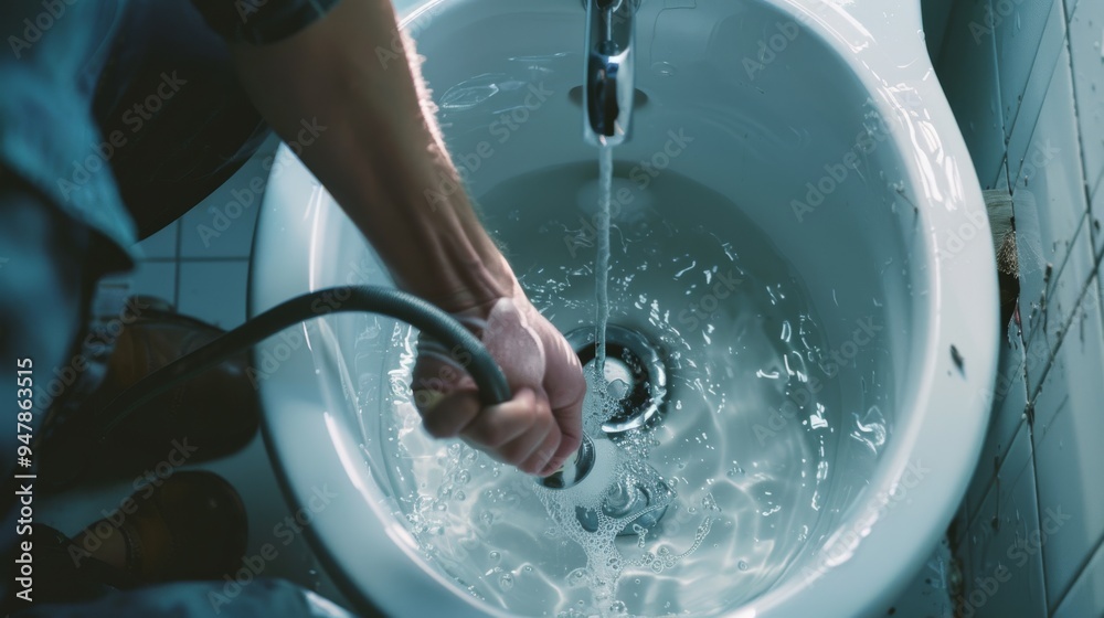 Hands work to unclog a sink as water flows, captured in a moment of ...