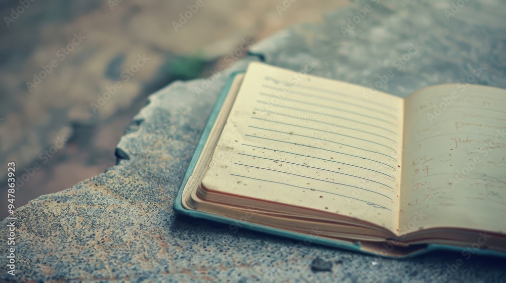 An open notebook, weathered and sprinkled with rain, on a rough stone ...