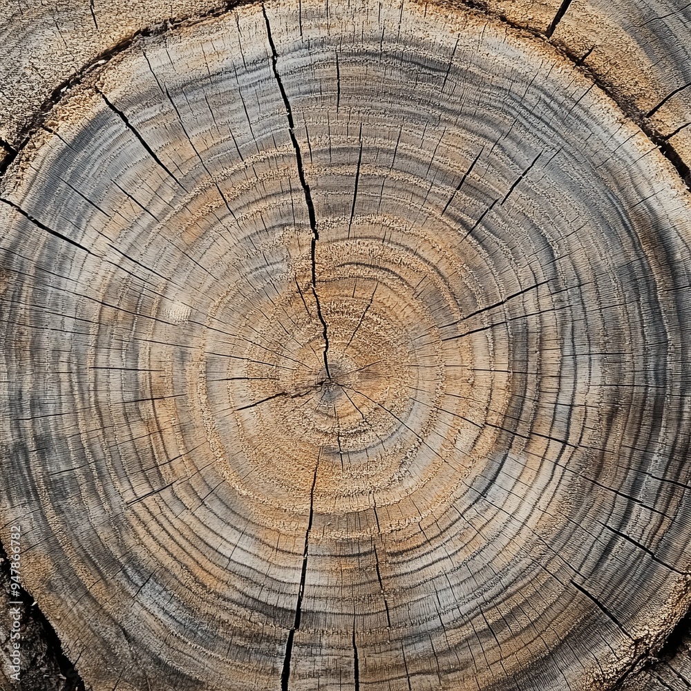 Tree rings old weathered wood texture with cross section of chopped log ...
