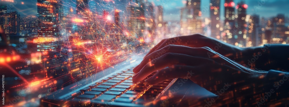 Computer technician upgrading firmware in data facility background ...