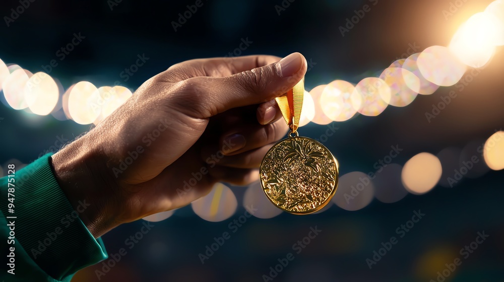 Hand of an athlete holding a gold medal tightly, stadium visible in the ...
