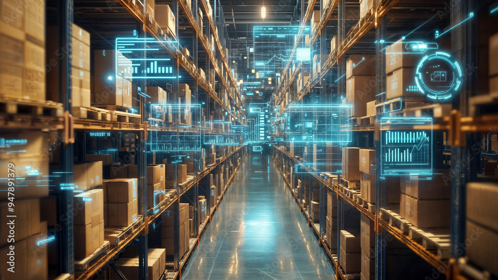 High-tech warehouse. Digital automation systems and shelves lined with ...