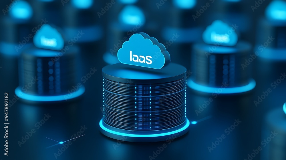 Blue cloud-based database server glowing in the dark, representing the ...