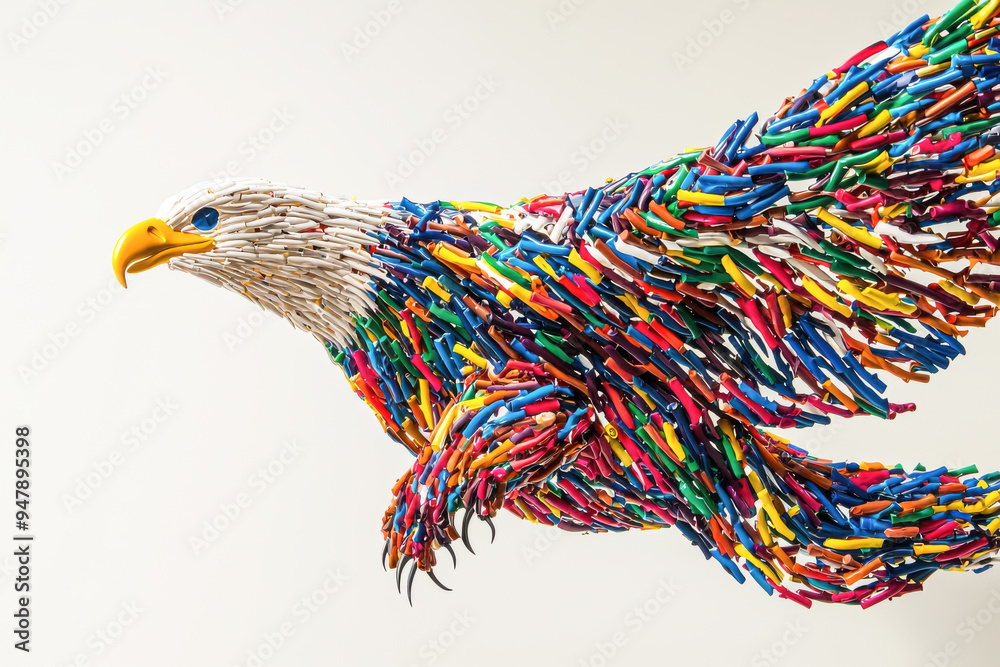 Vibrant Eagle Sculpture from Recycled Plastics. A detailed view of an ...