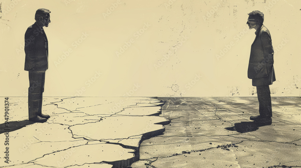 Vintage and modern man face off across a cracked landscape Stock ...