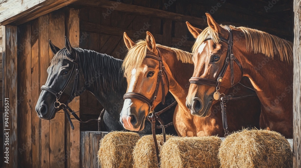 Three beautiful horses stand together in a cozy barn. The animals ...