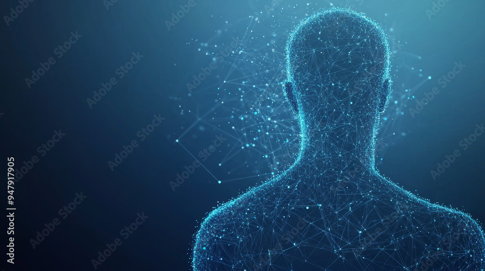 Abstract human body silhouette on a blue backdrop. Polygonal upper ...