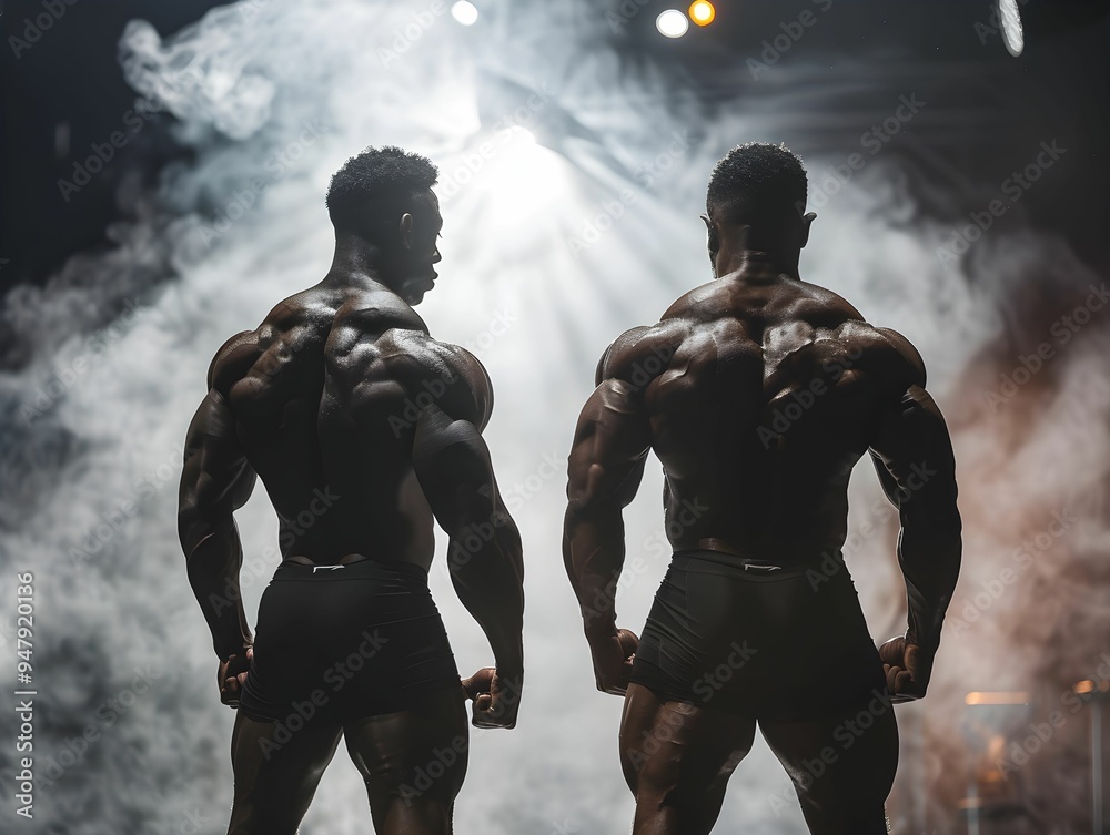 Two bodybuilders posing on stage in dramatic lighting during a ...