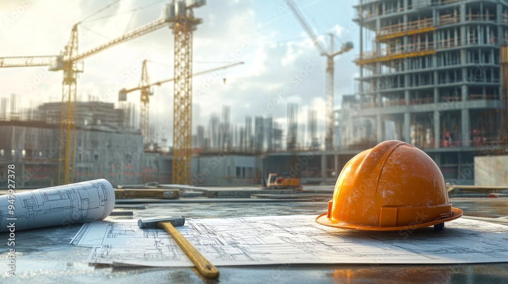 A construction scene showing a bright orange hard hat resting on ...