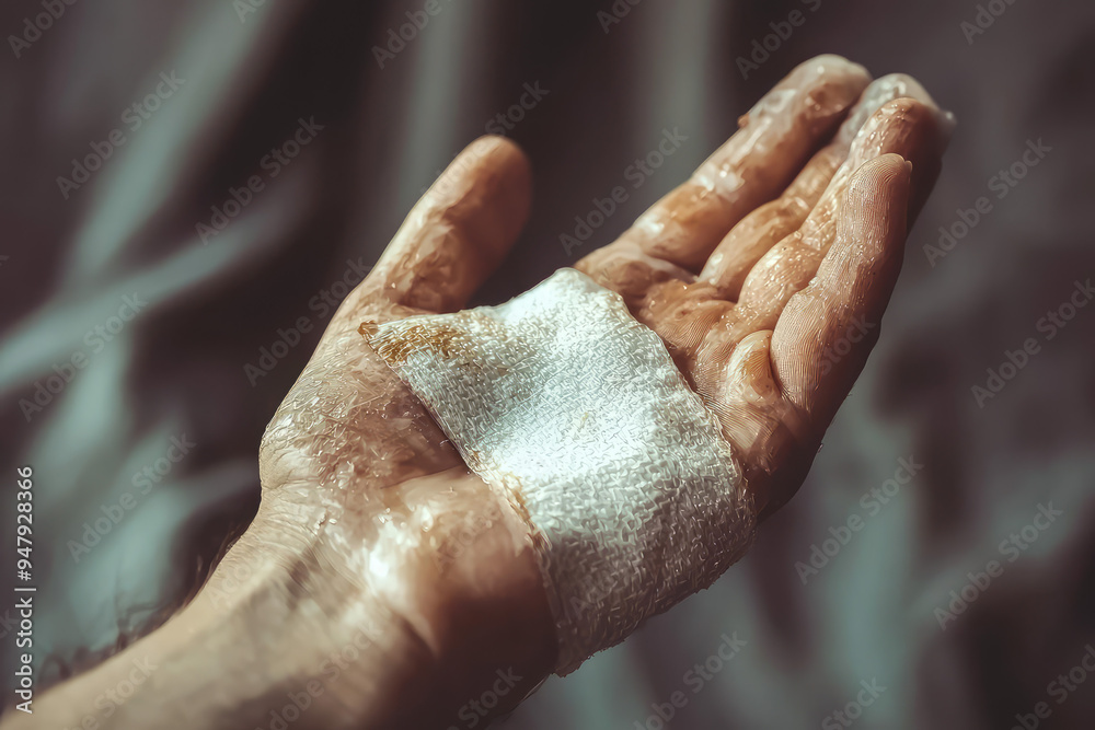 A close-up revelation of a hand wrapped in a bandage, revealing the ...