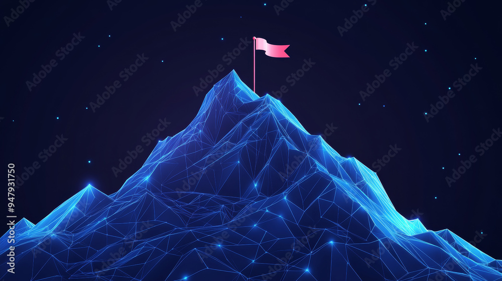 Abstract mountain with a flag and a path leading to the summit ...