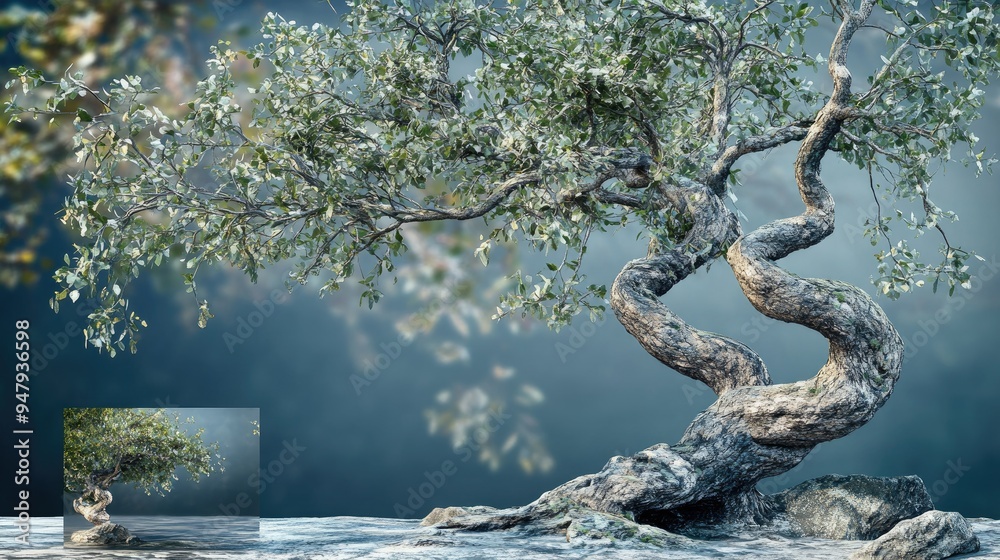 Large tree with delicate, twisting branches, shown in different moments ...