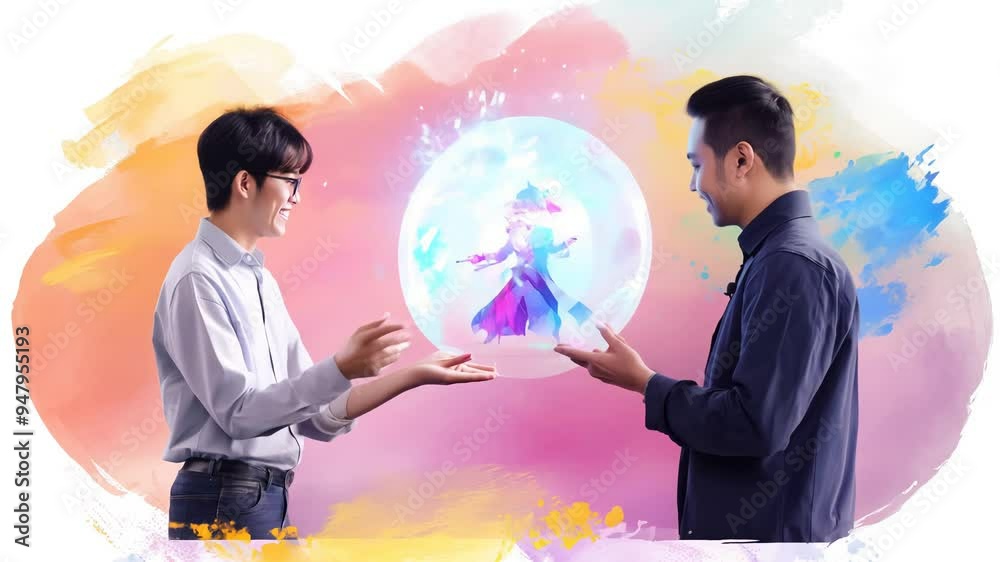 Two people engage in a creative presentation showing holographic ...