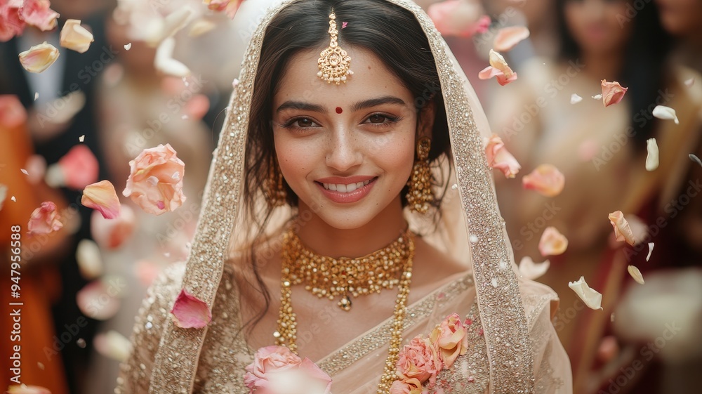 Gracious bride adorned in traditional attire, smiling amidst a shower ...