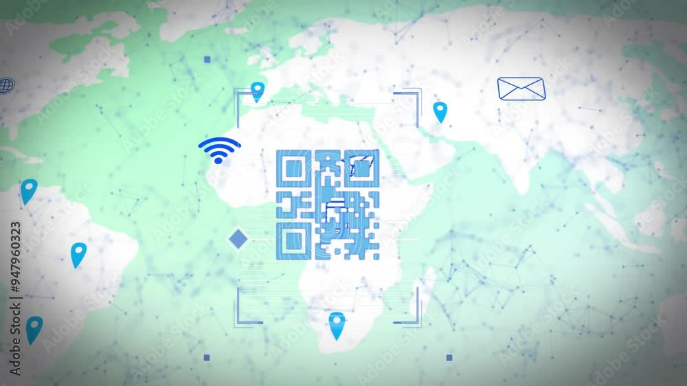 QR code and network icons animation over world map with connectivity ...