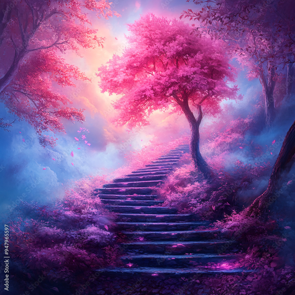 A tree with pink leaves is in the middle of a forest. The tree is ...