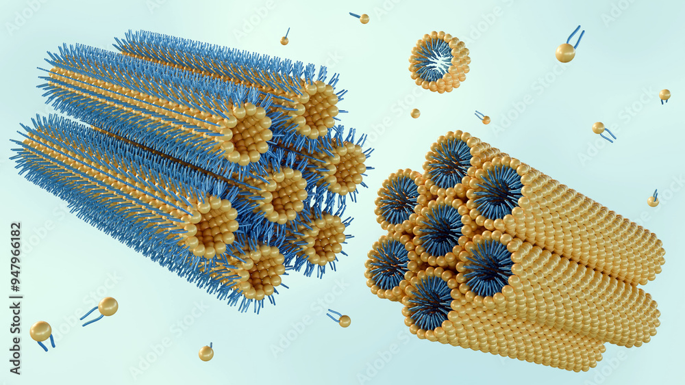 A 3D rendering of a lamellar phase and an inverse hexagonal phase ...