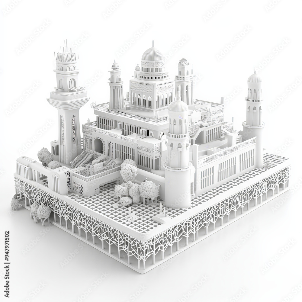 3D white architectural model of an intricate palace featuring multiple ...