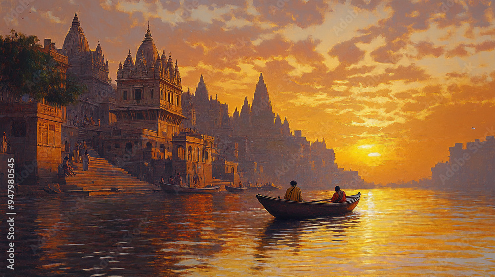 Sunset over the Ganges River with silhouetted figures in a boat near ...