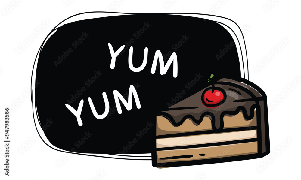 A simple black hand drawn label with a piece of cake and the words yum ...