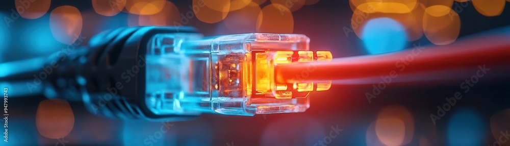 Ethernet cable with clips plugged into a router, providing stable ...