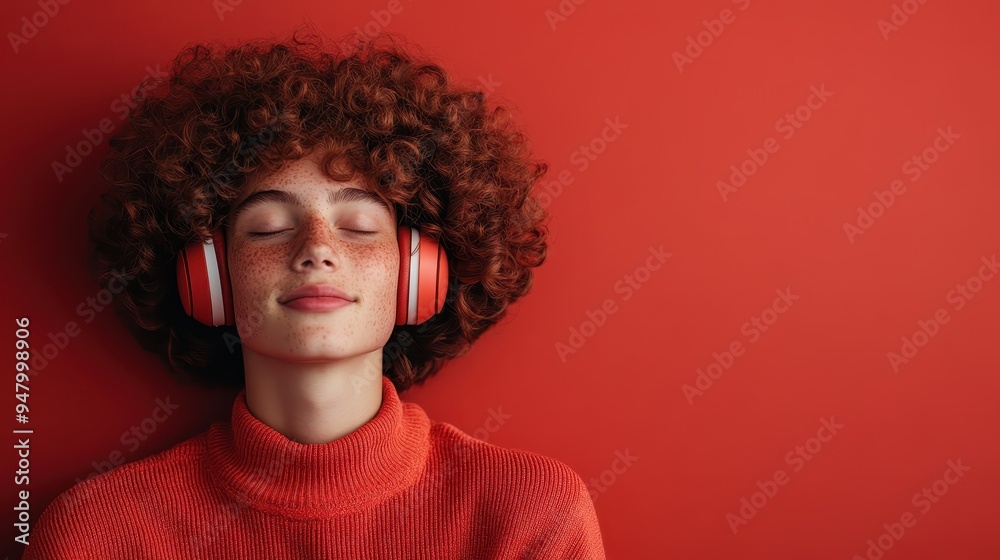 A young individual with freckled face, wearing red headphones and a red ...