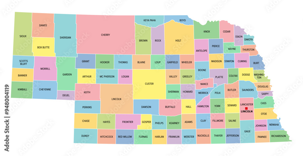 Nebraska, U.S. state, subdivided into 93 counties,multi colored ...