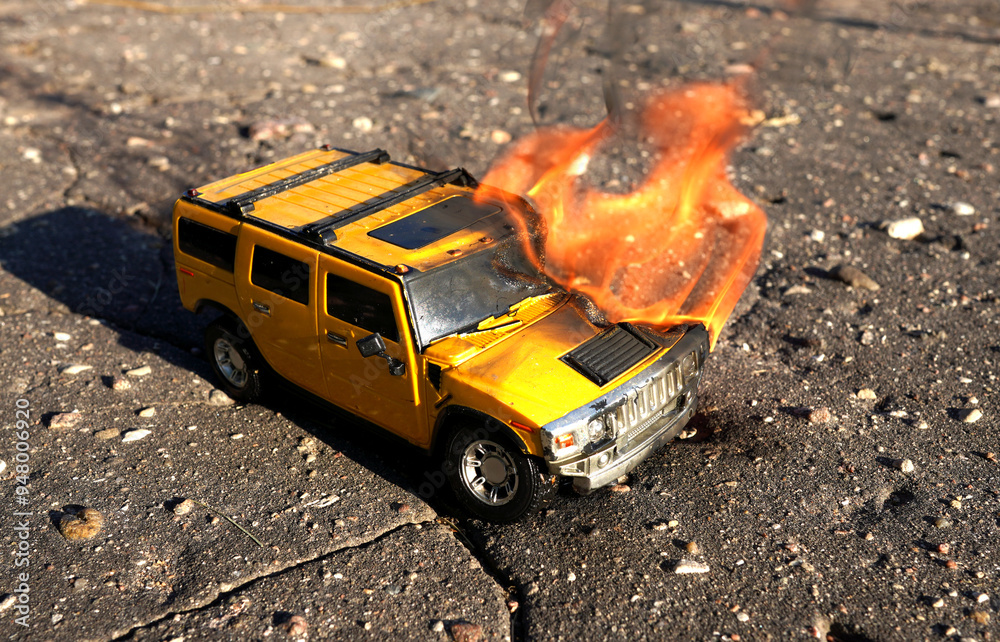 Burning car. Short circuit Causes a Car to Catch on Fire. Vehicle Fire ...