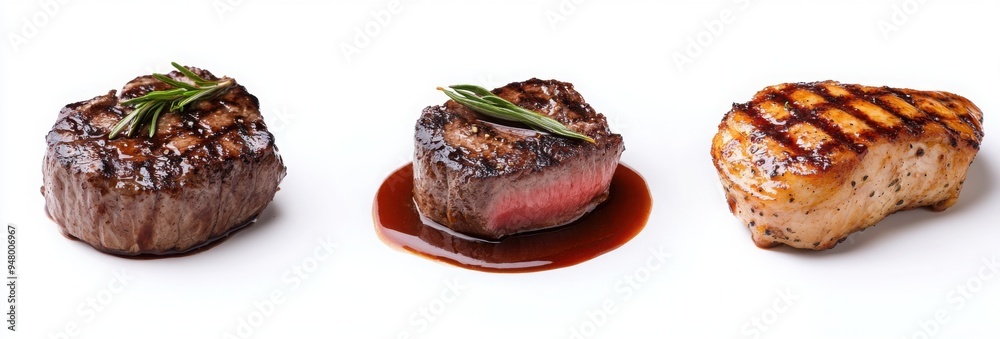 Three different food items in one photo, each on its own isolated white ...