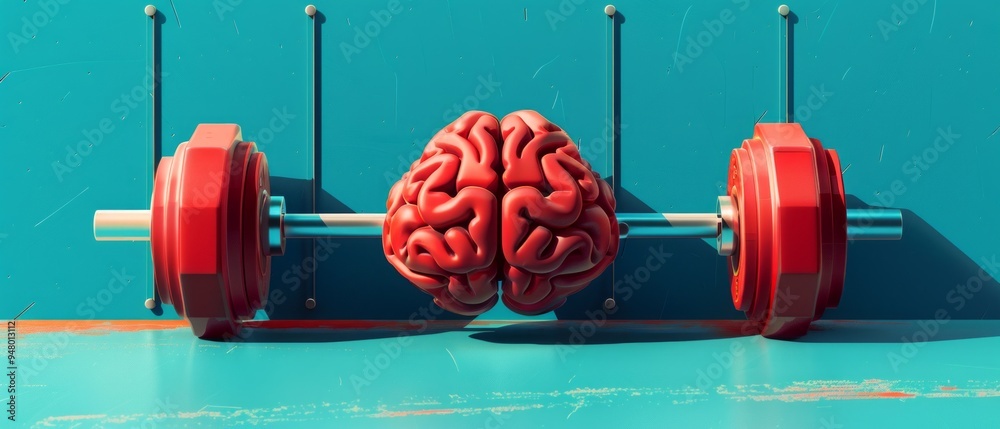 An image shows a red brain model placed between barbells on a surface ...