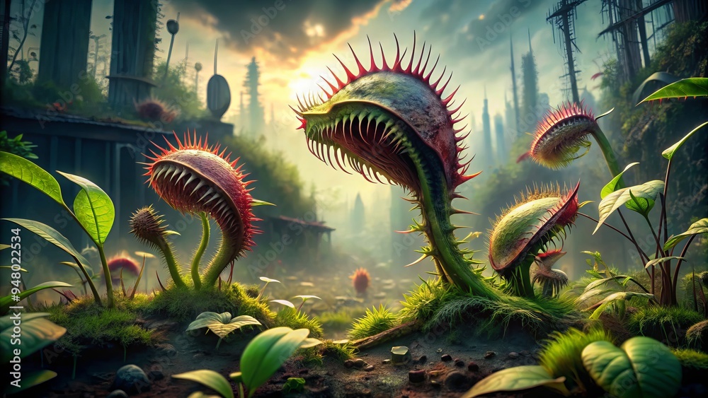 Eerie, glowing, carnivorous plant with tendrils and razor-sharp teeth ...