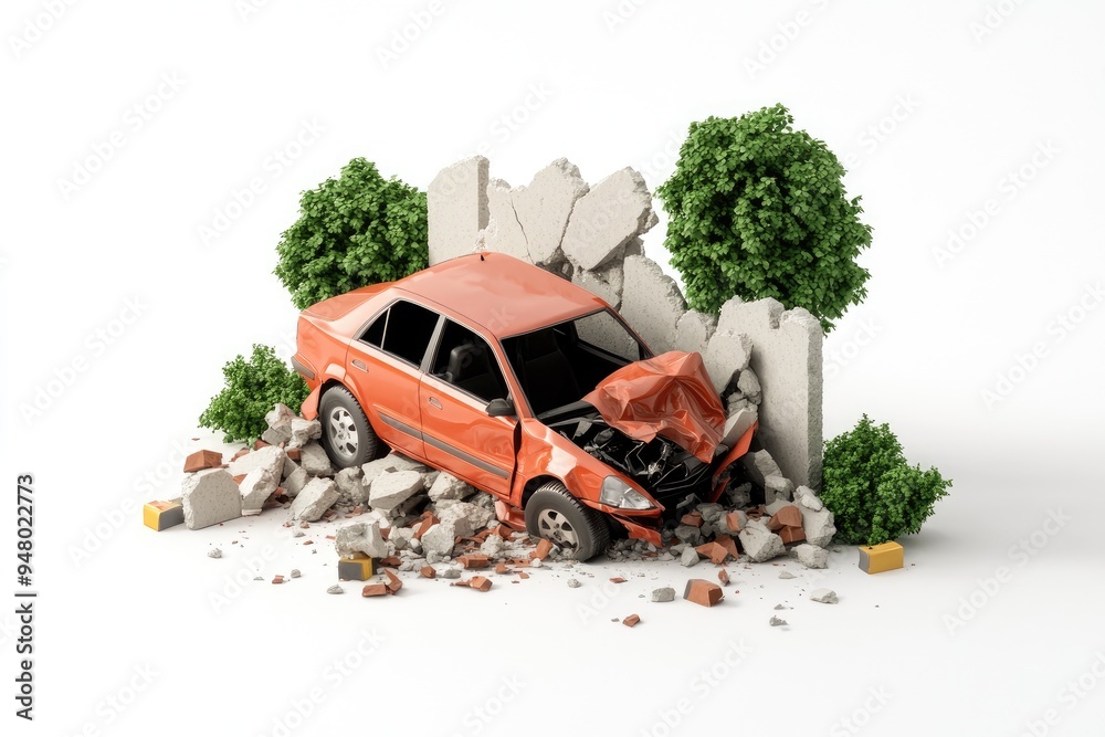 Dramatic Isometric 3D Scene of Vehicle Crash into Road Barrier with ...