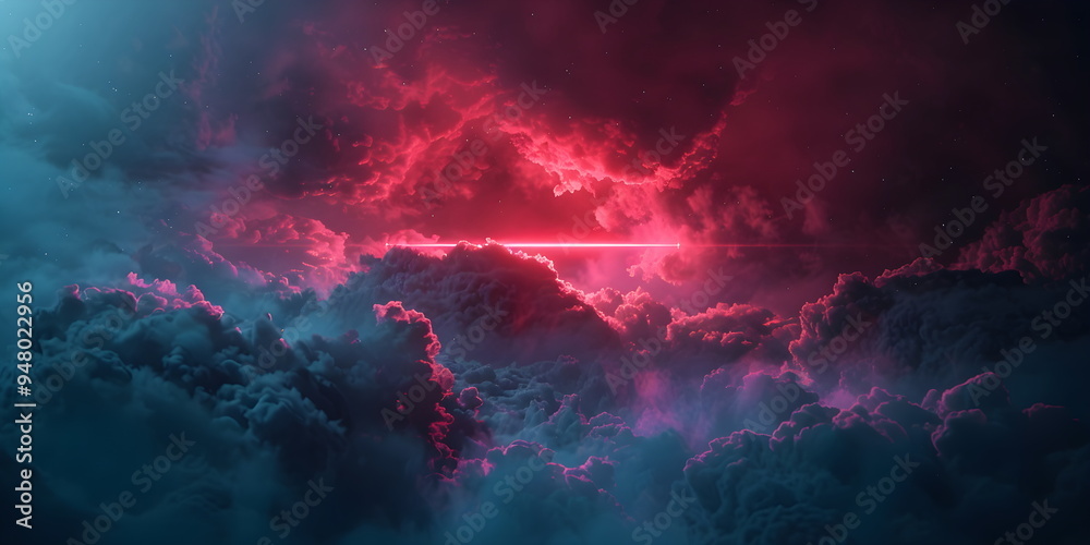 Neon glowing red light from laser sky with dark clouds. 3d rendering ...