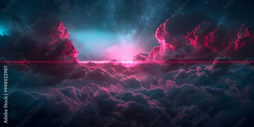 Neon glowing red light from laser sky with dark clouds. 3d rendering ...