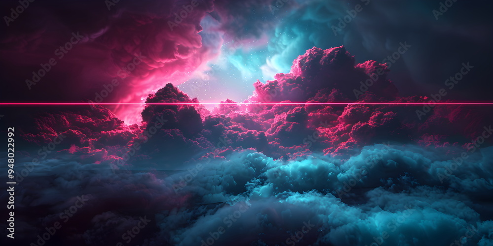 Neon glowing red light from laser sky with dark clouds. 3d rendering ...