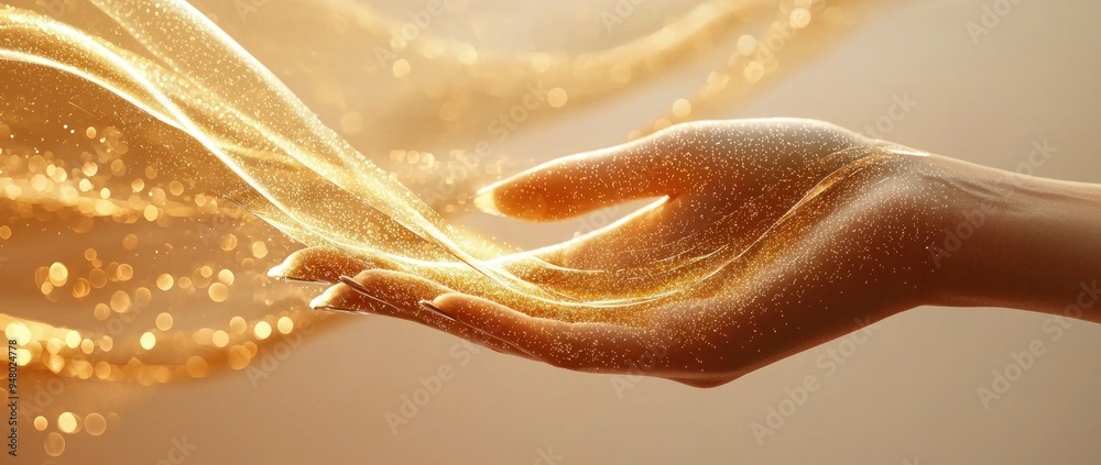 Golden light flowing through an open hand in a magical and ethereal ...