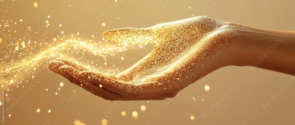 Golden light flowing through an open hand in a magical and ethereal ...