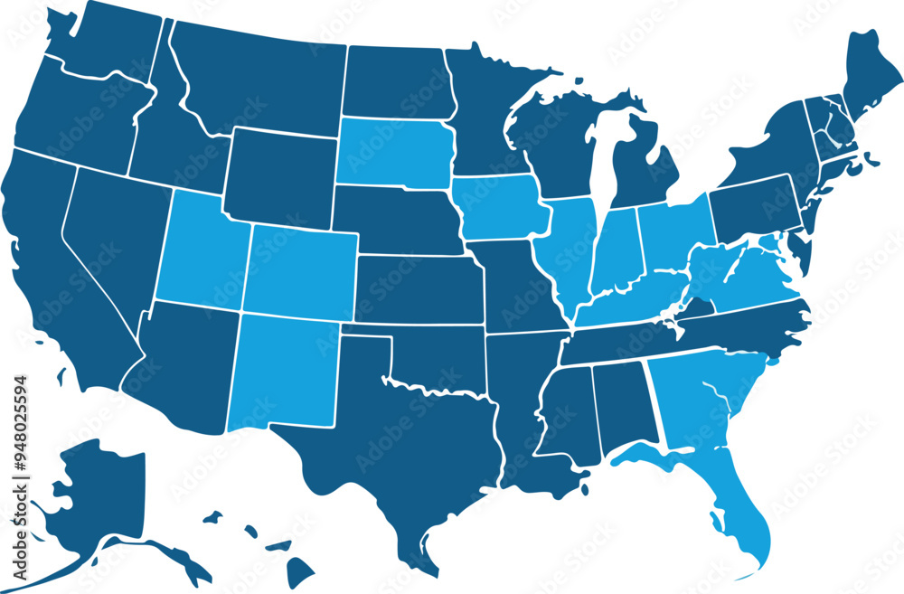 USA map vector modern map with federal states in blue color isolated on ...